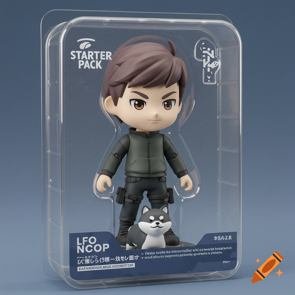 Stylized 3D cartoon figurine starter pack with shiba inu, minimalist ...