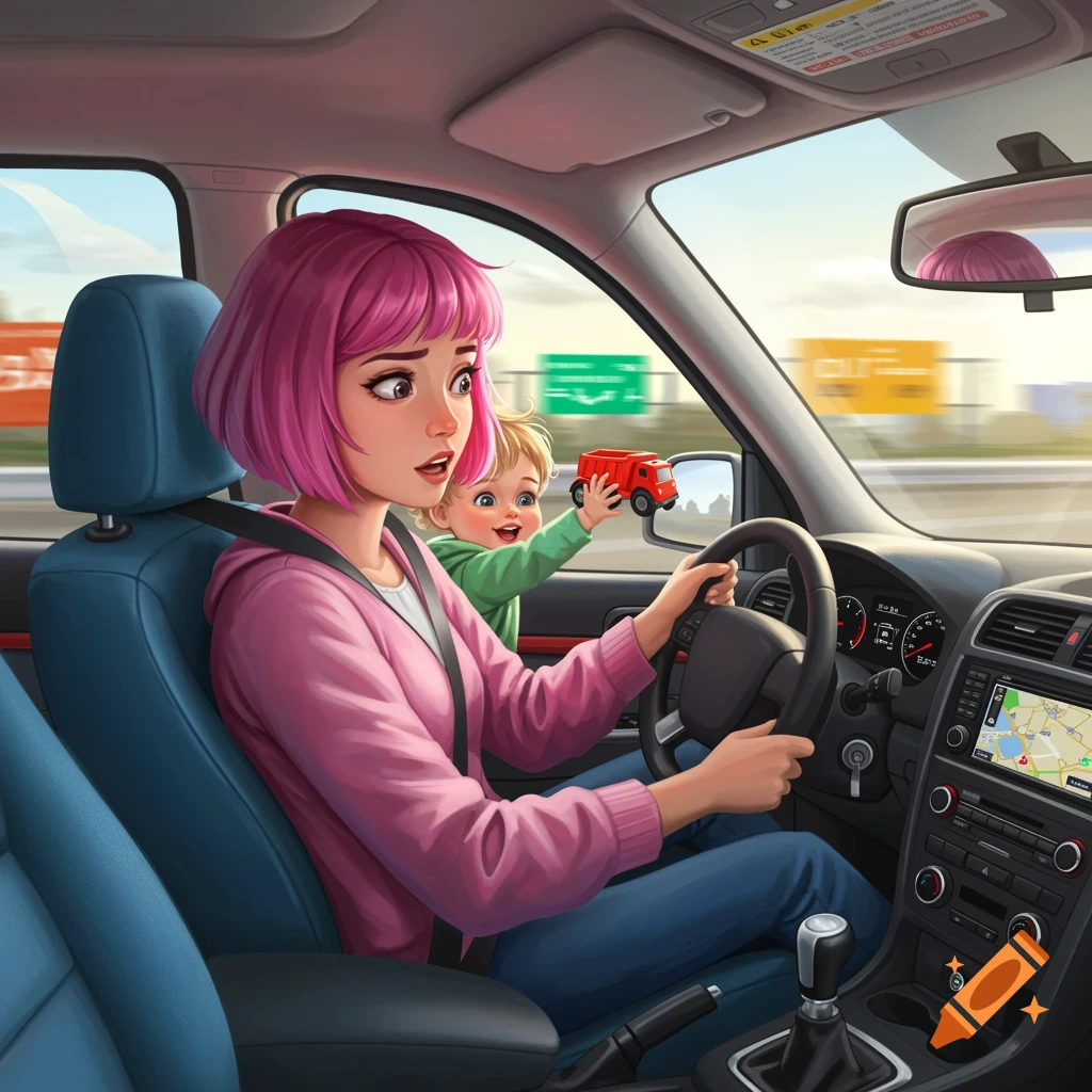 Distracted driver with toddler in the back on Craiyon