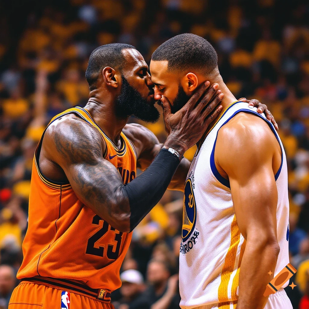 LeBron James kissing Steph Curry during a basketball game. on Craiyon
