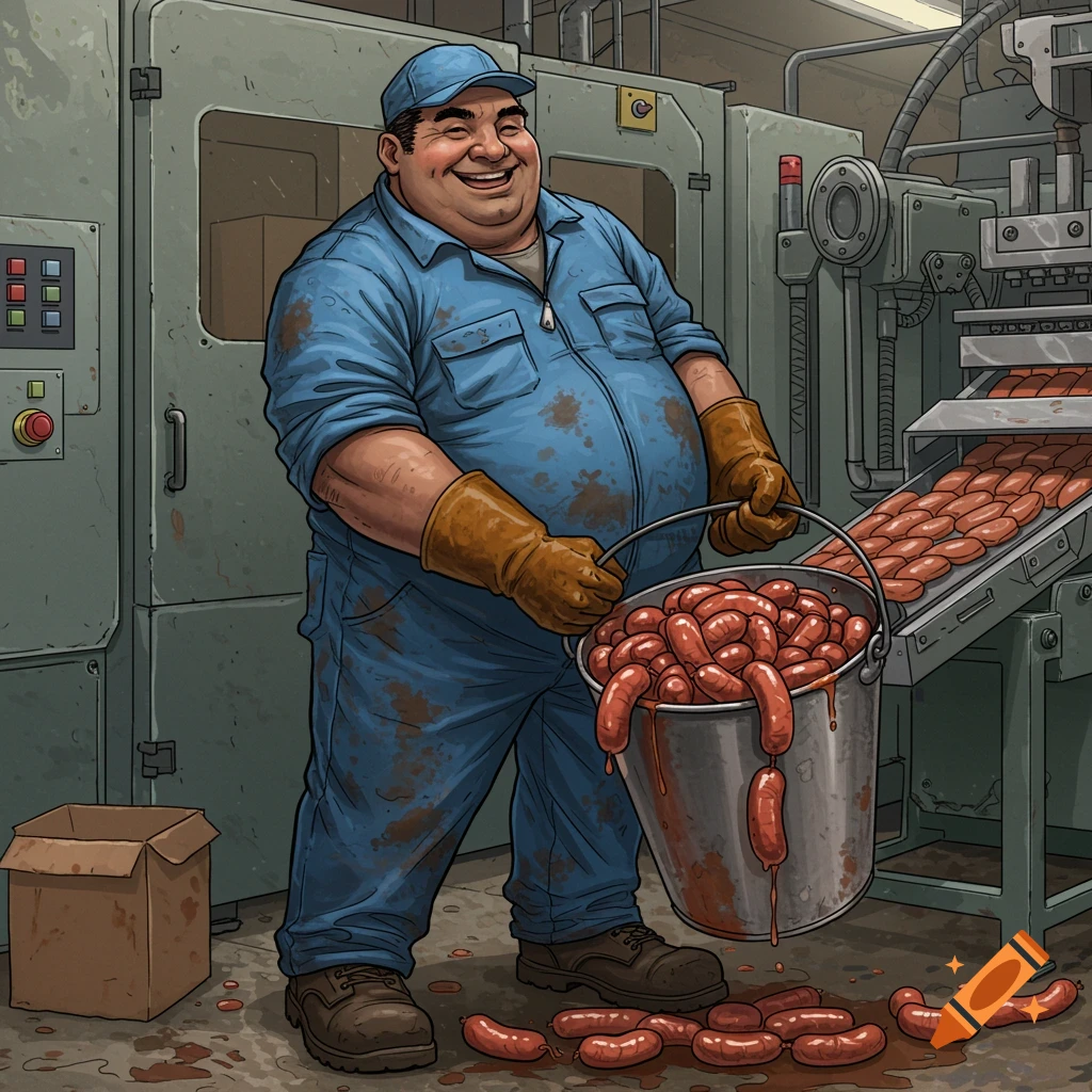 Cartoon of a fat man in blue mechanic clothes carrying greasy sausages ...