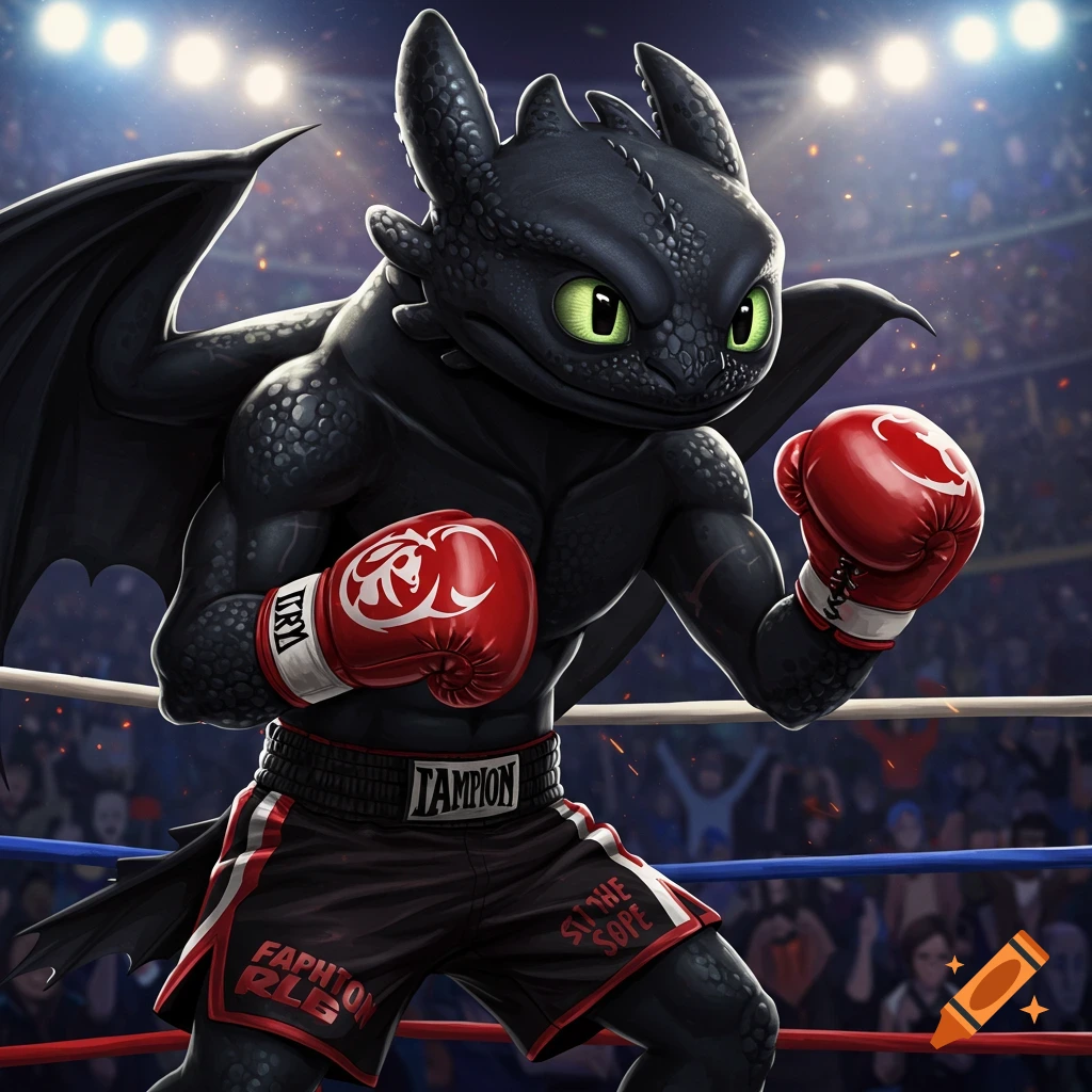 Toothless the dragon in a boxing ring wearing red gloves and shorts on ...