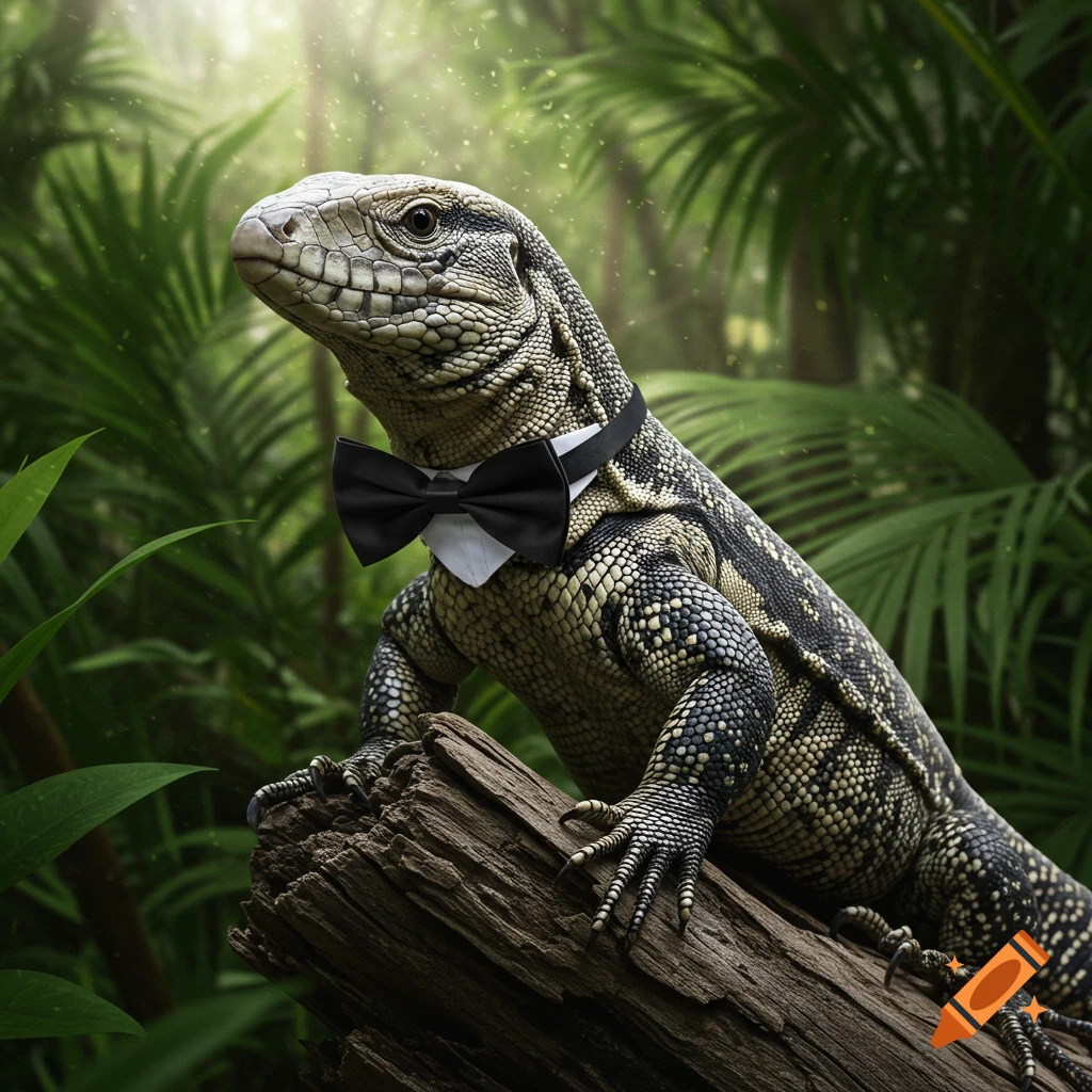 Tegu lizard wearing a bow tie on Craiyon