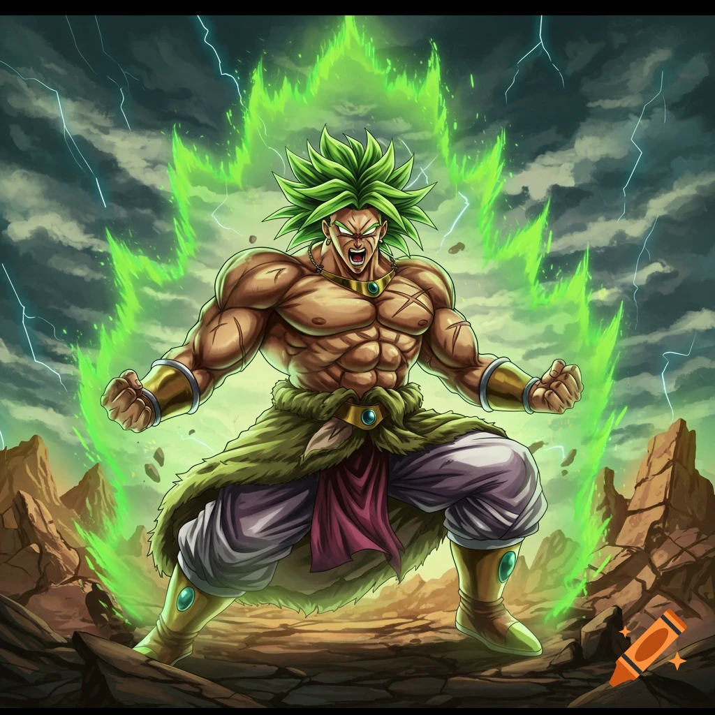 Illustration of Dragon Ball Z character Broly, a muscular figure with green hair and red eyes ...