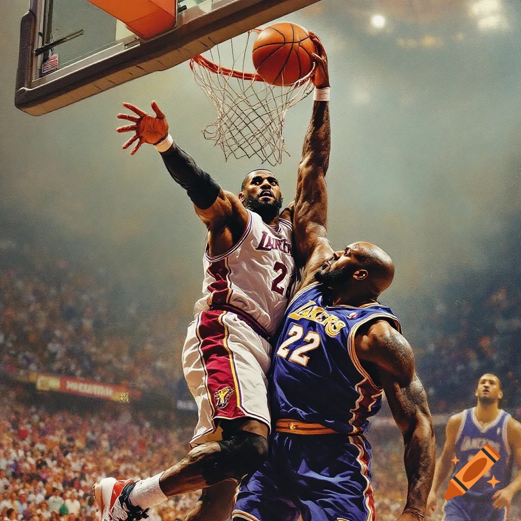LeBron James dunks a basketball over Shaquille O'Neal during a game in ...