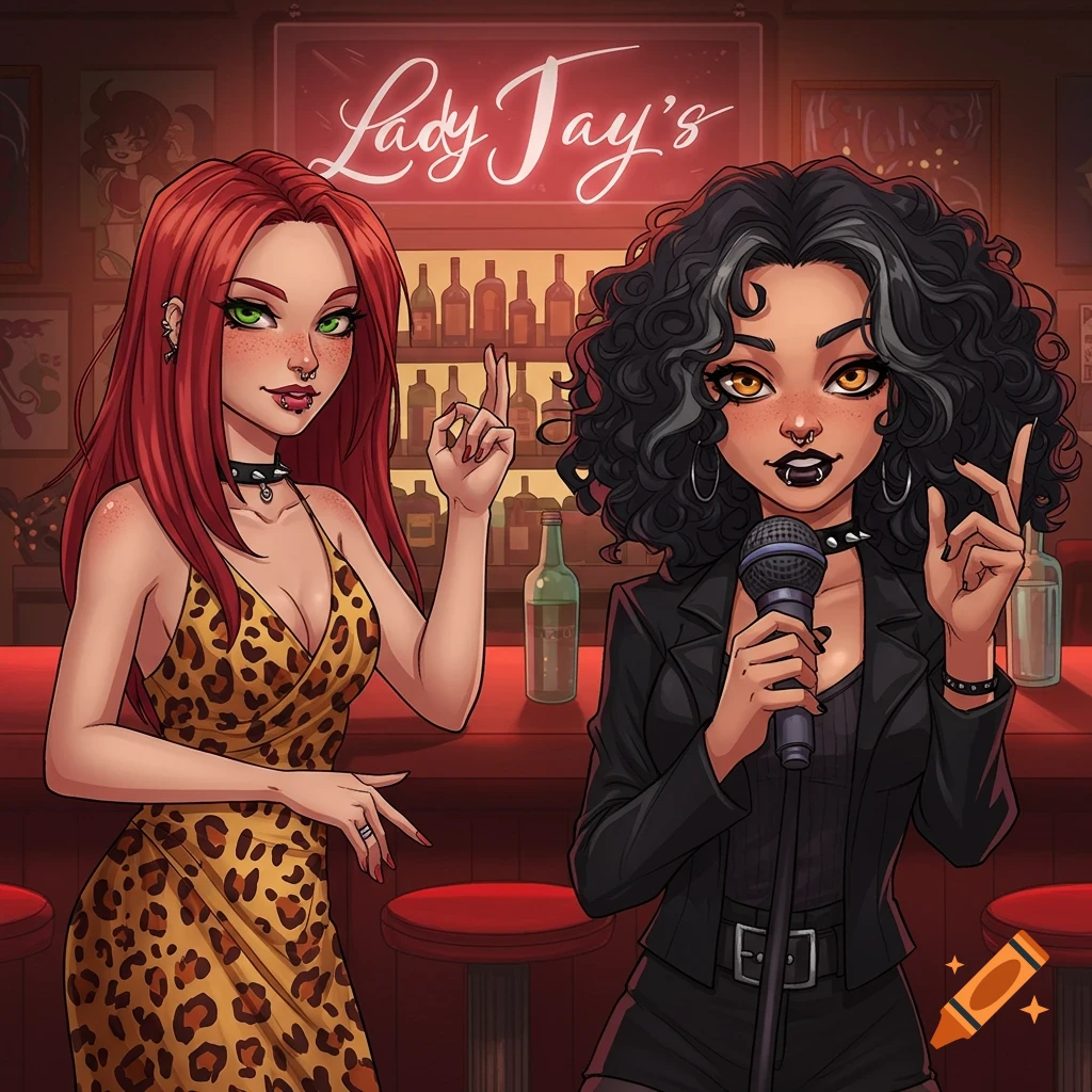 Anime comic book style illustration of two girls at Lady Jay's bar with ...