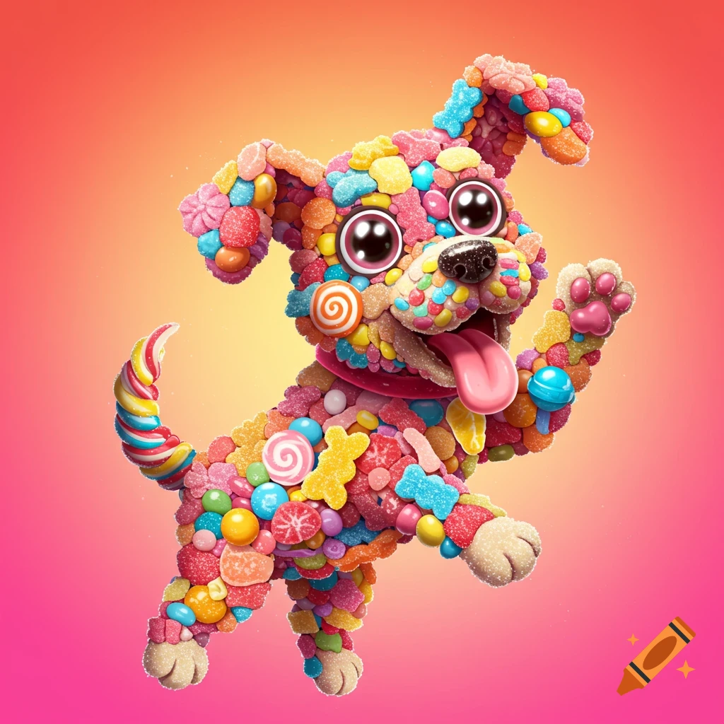A playful dog made of various colorful candies against a pink and ...