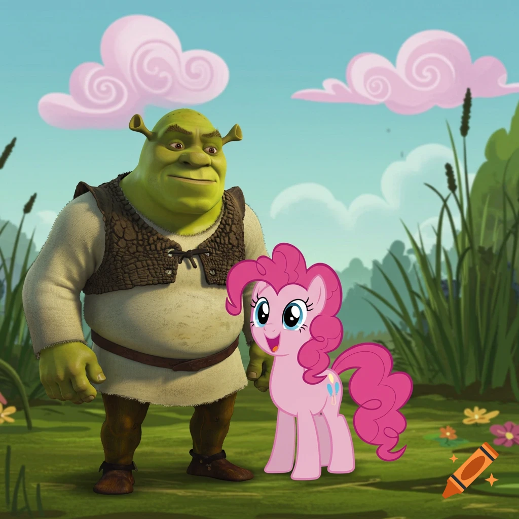 Shrek meeting Pinkie Pie on Craiyon