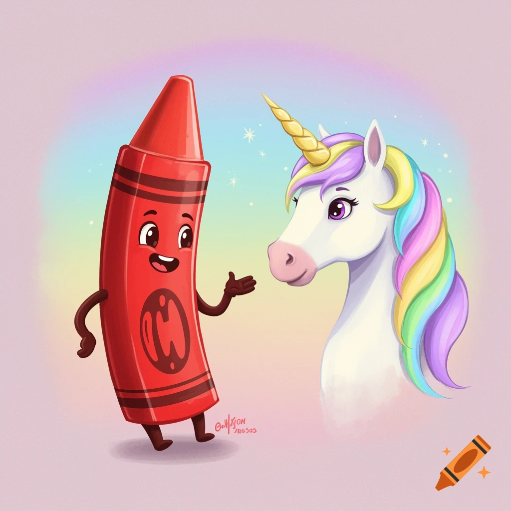Cartoon illustration of a red crayon character talking to a unicorn ...