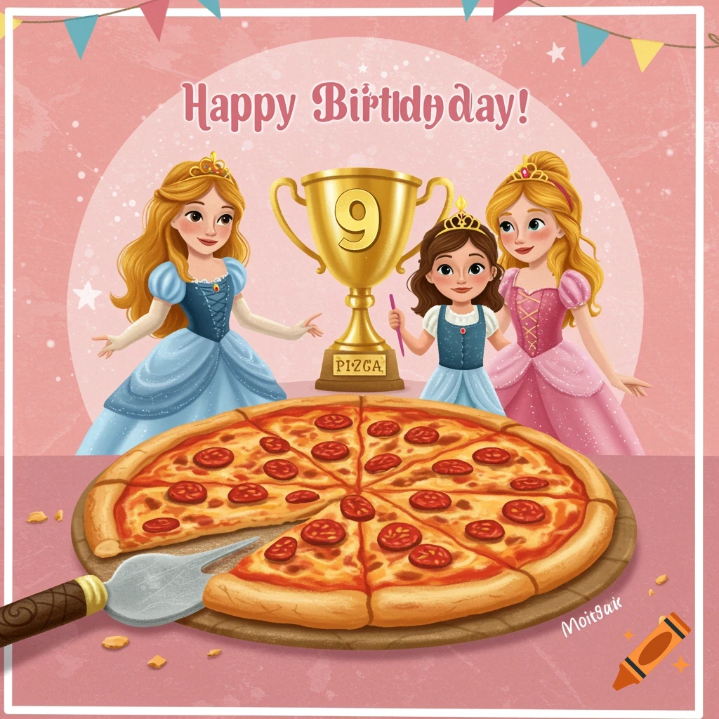 Princess themed pizza making party birthday card on Craiyon