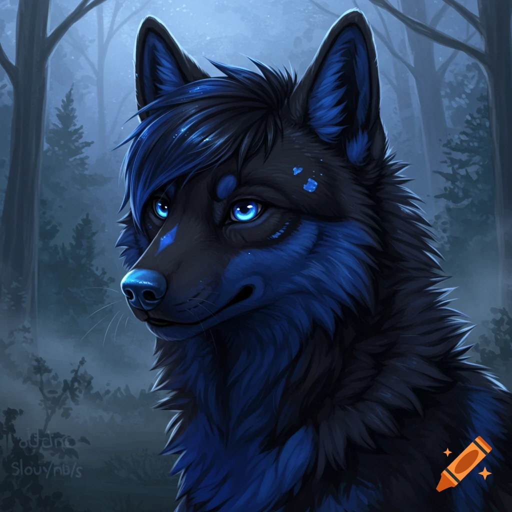 Black and blue wolf-like furry character with glowing blue eyes in a ...