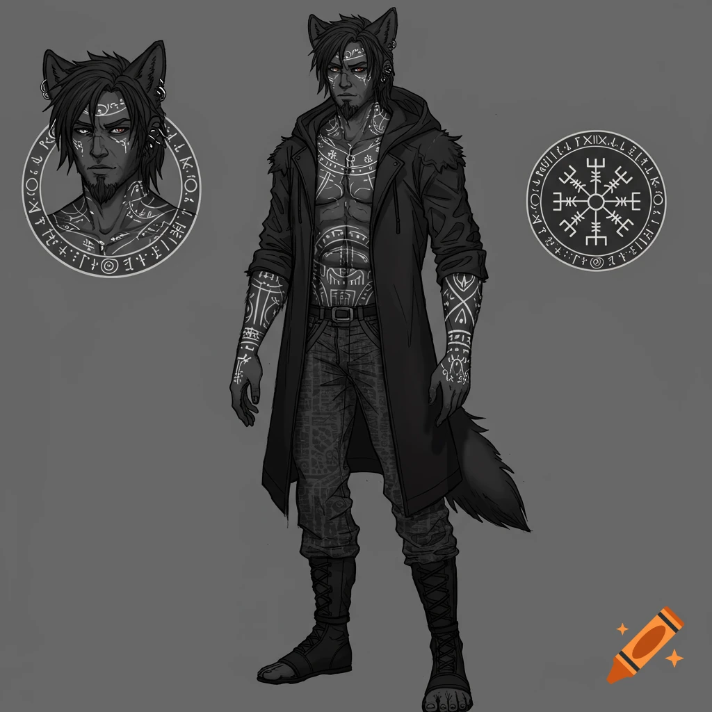 Human male with wolf ears, tattoos, and black fur on Craiyon