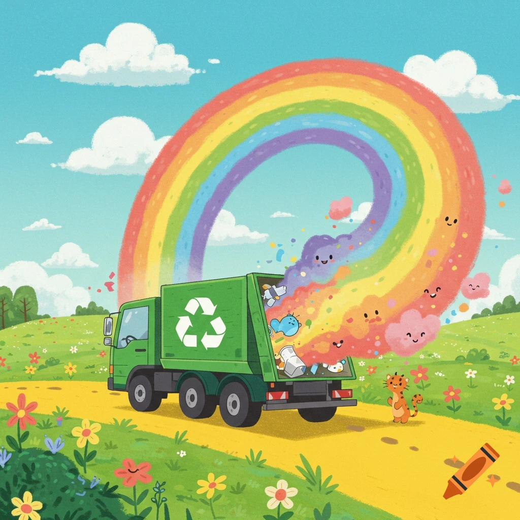 Cartoon recycling truck on a dirt road with a rainbow and cute ...