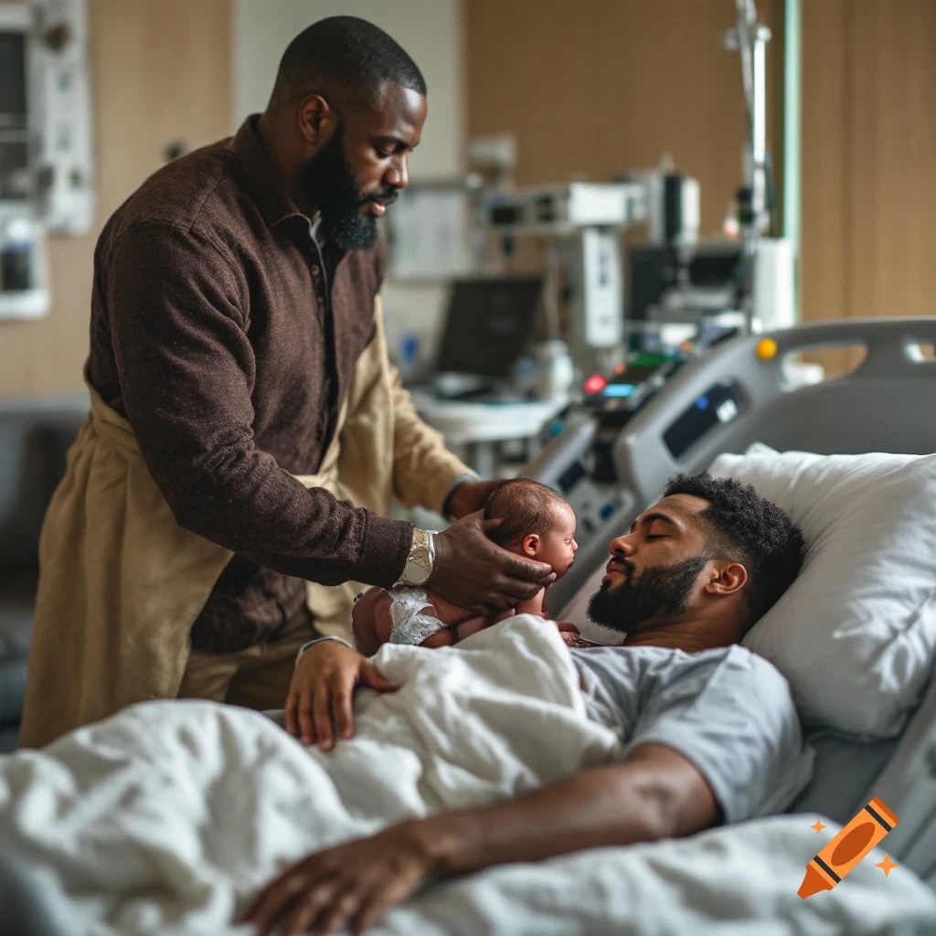 Man standing by hospital bed holding newborn baby with another man lying in bed, photorealistic ...