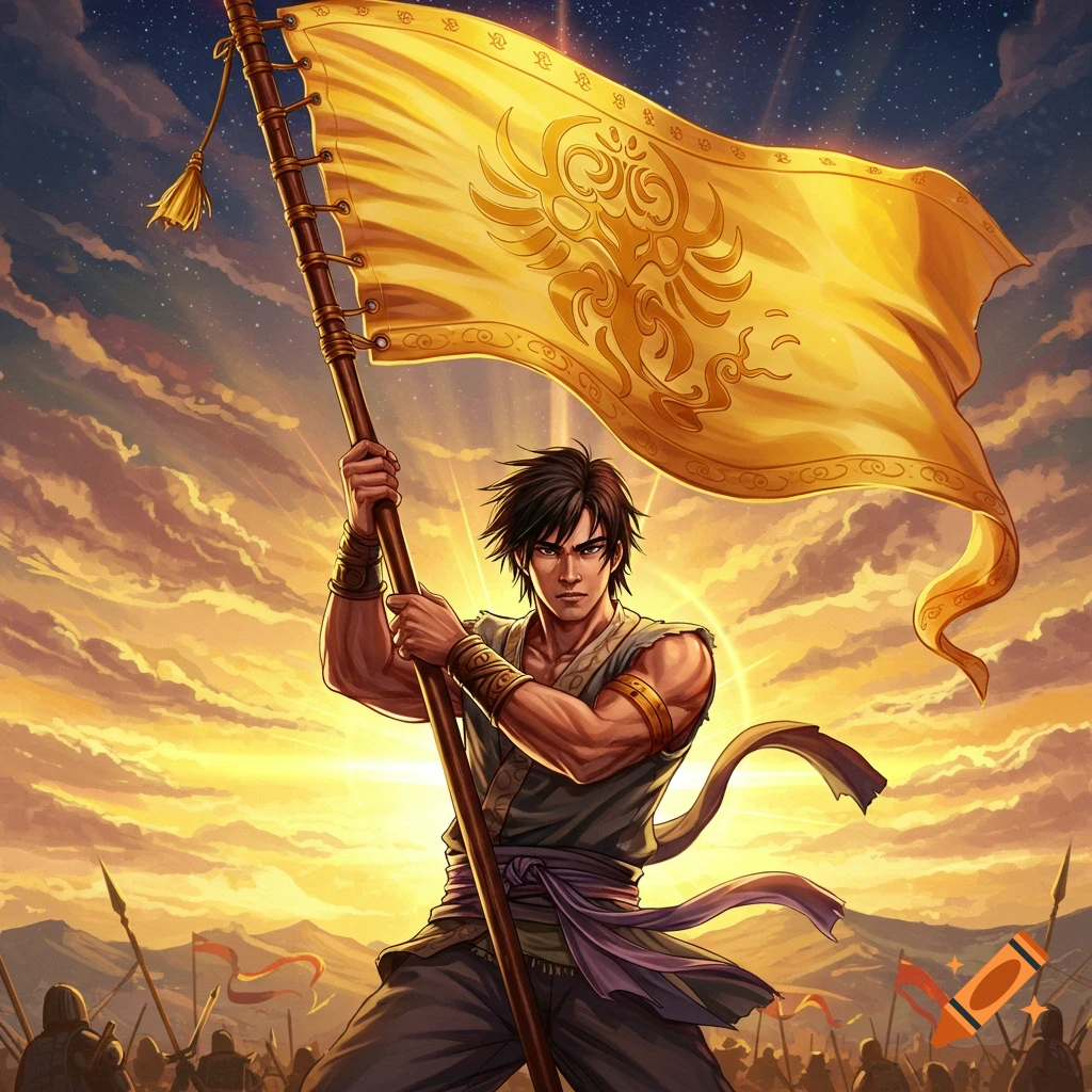 Person holding a large gold flag on Craiyon