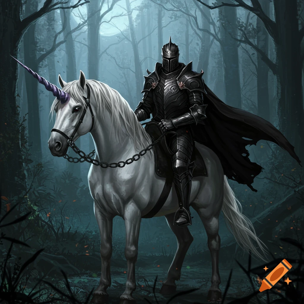 A determined blonde woman in a dark cloak rides a black horse through ...