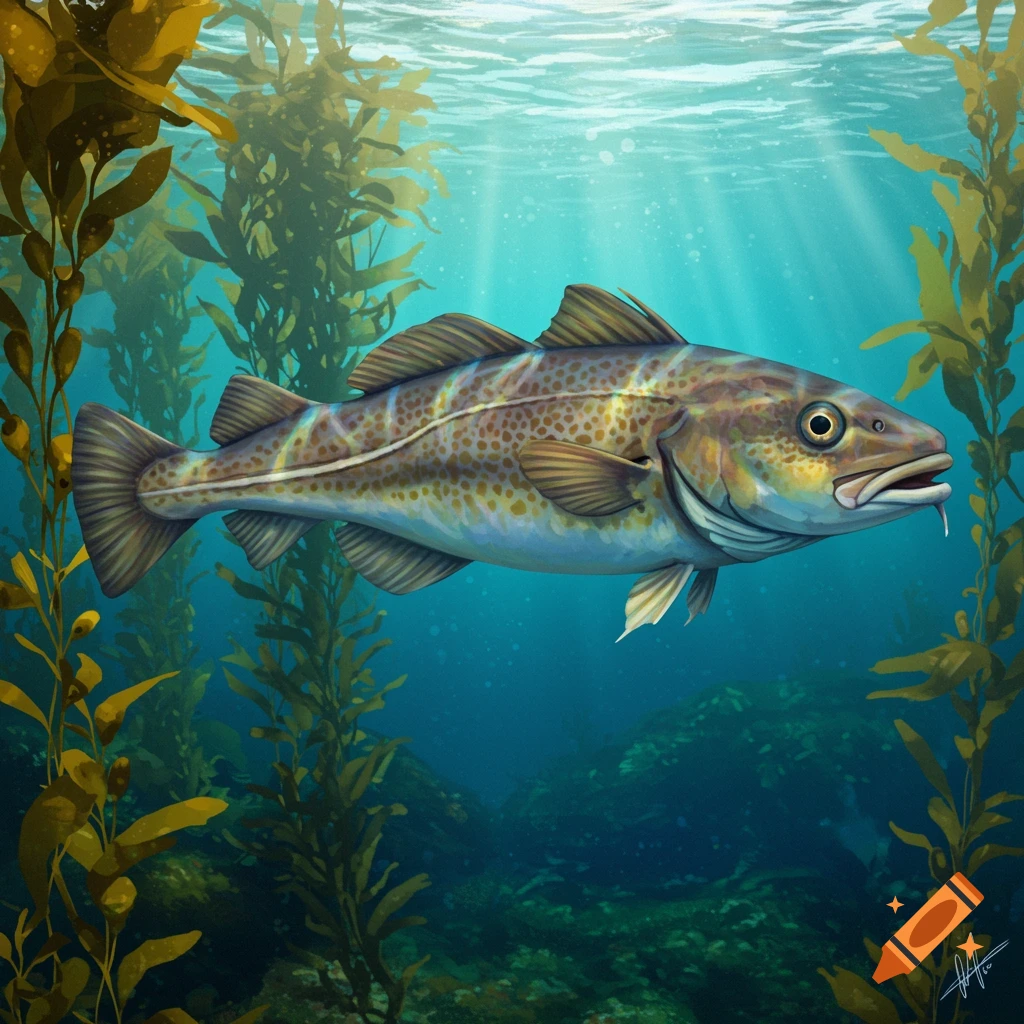 A cod fish swims in a kelp forest underwater with sunlight rays on Craiyon