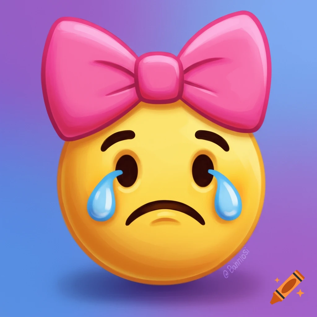 Sad crying emoji with a pink bow on its head. on Craiyon