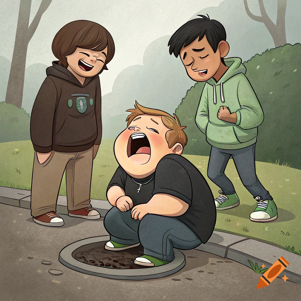 Two cartoon boys in jeans and sneakers standing in front of a circle ...