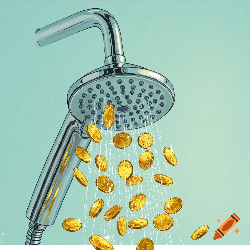 A shower head raining gold coins. on Craiyon