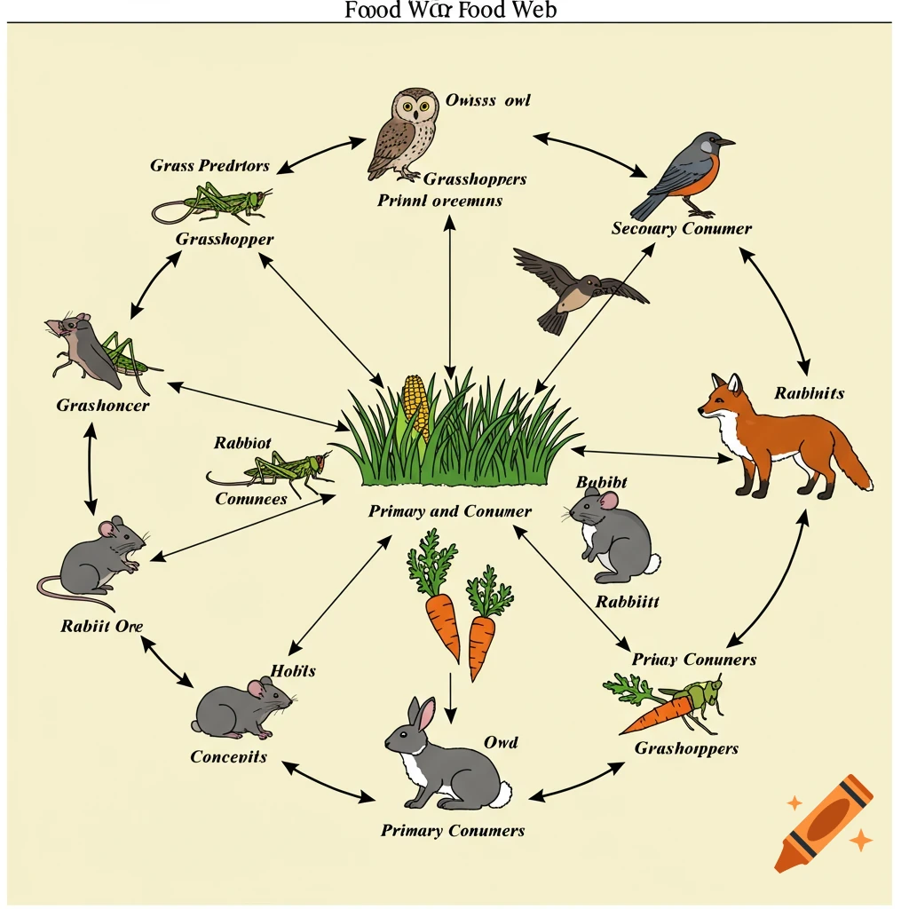 Food web diagram with plants, insects, and animals on Craiyon