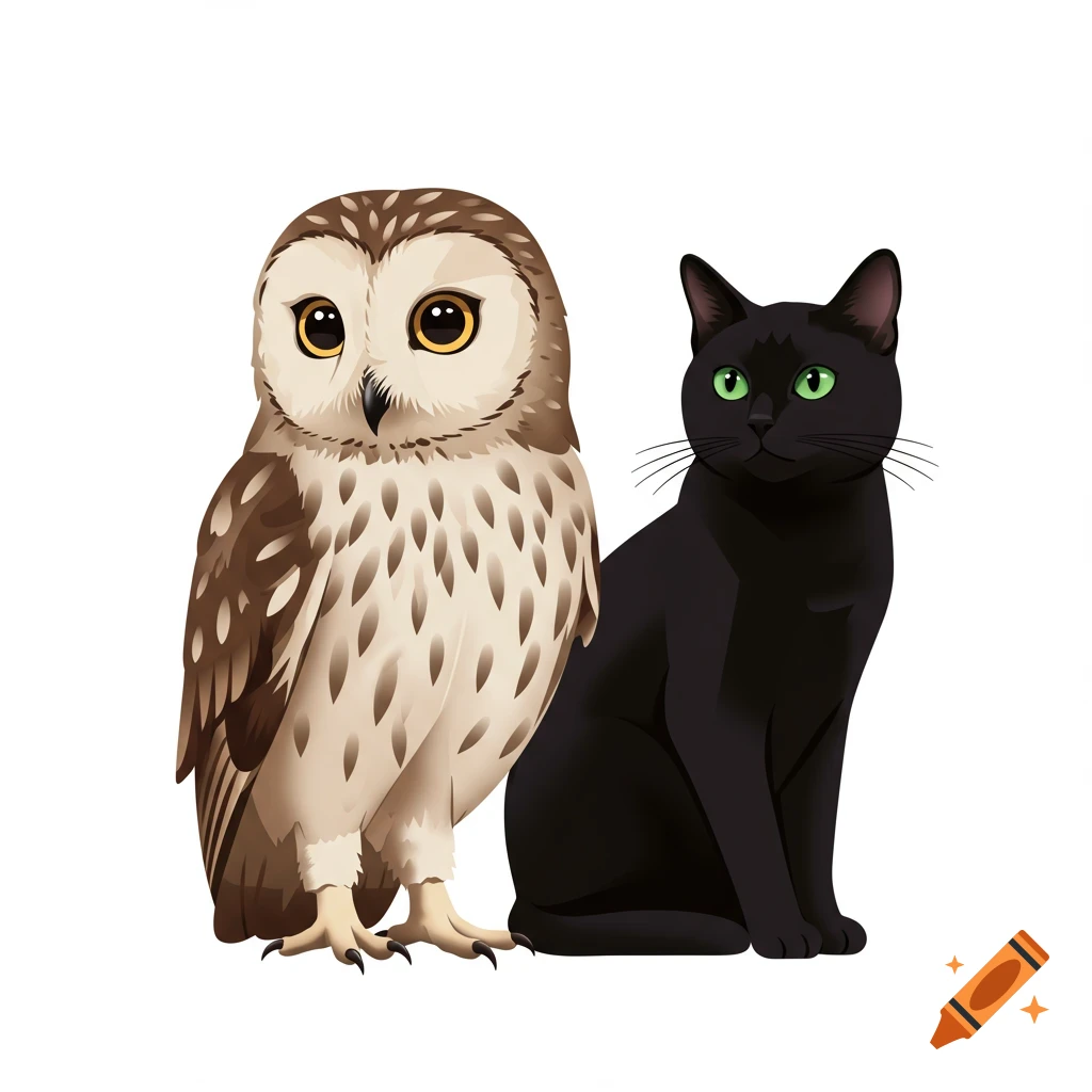 A brown owl and a black cat sitting next to each other, in a vector ...