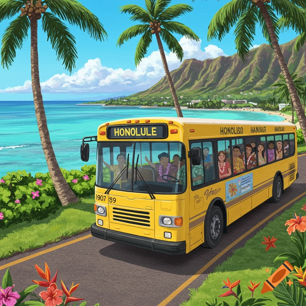 Yellow bus with passengers driving on a road by a beach with palm trees ...