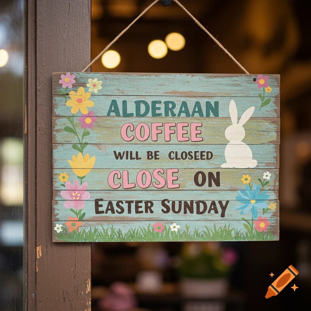 Easter themed sign for Alderaan Coffee closure on Easter Sunday on Craiyon