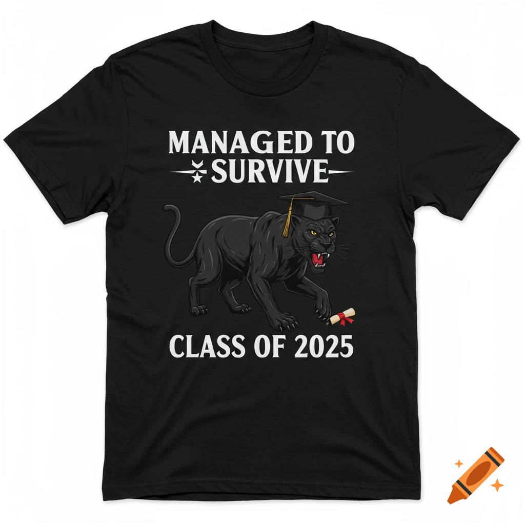 Panther wearing graduation cap t-shirt design, "Managed to Survive" and ...