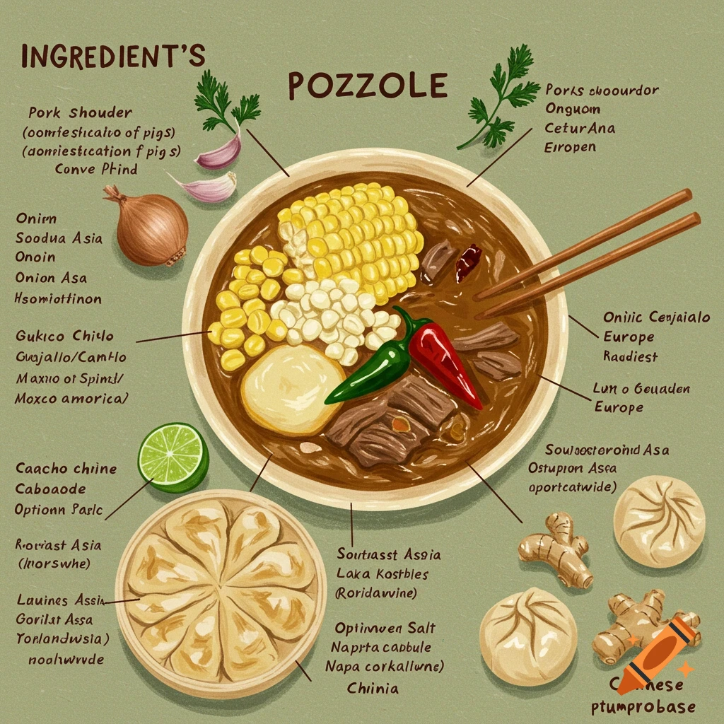Map of the origins of Pozole and Chinese Dumpling ingredients on Craiyon