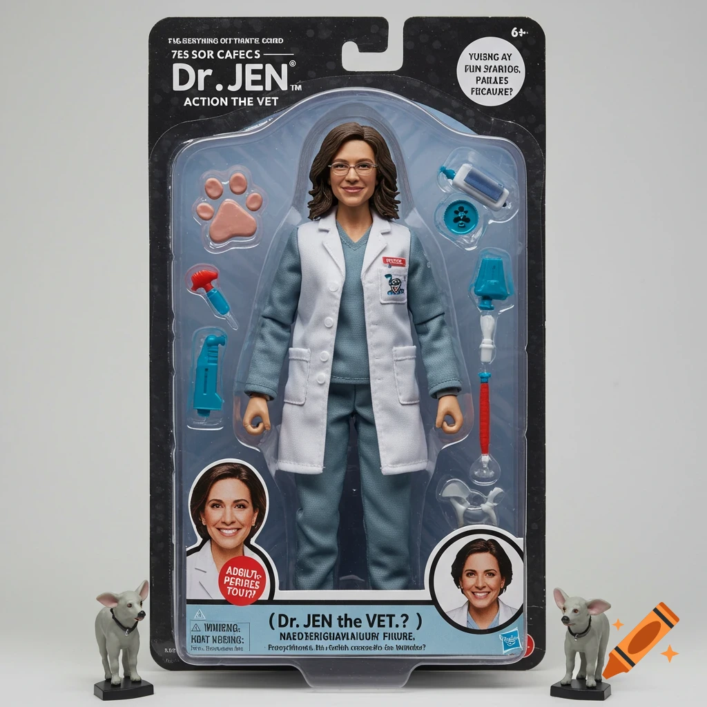 Action figure of Dr. Jen the vet in original packaging on Craiyon