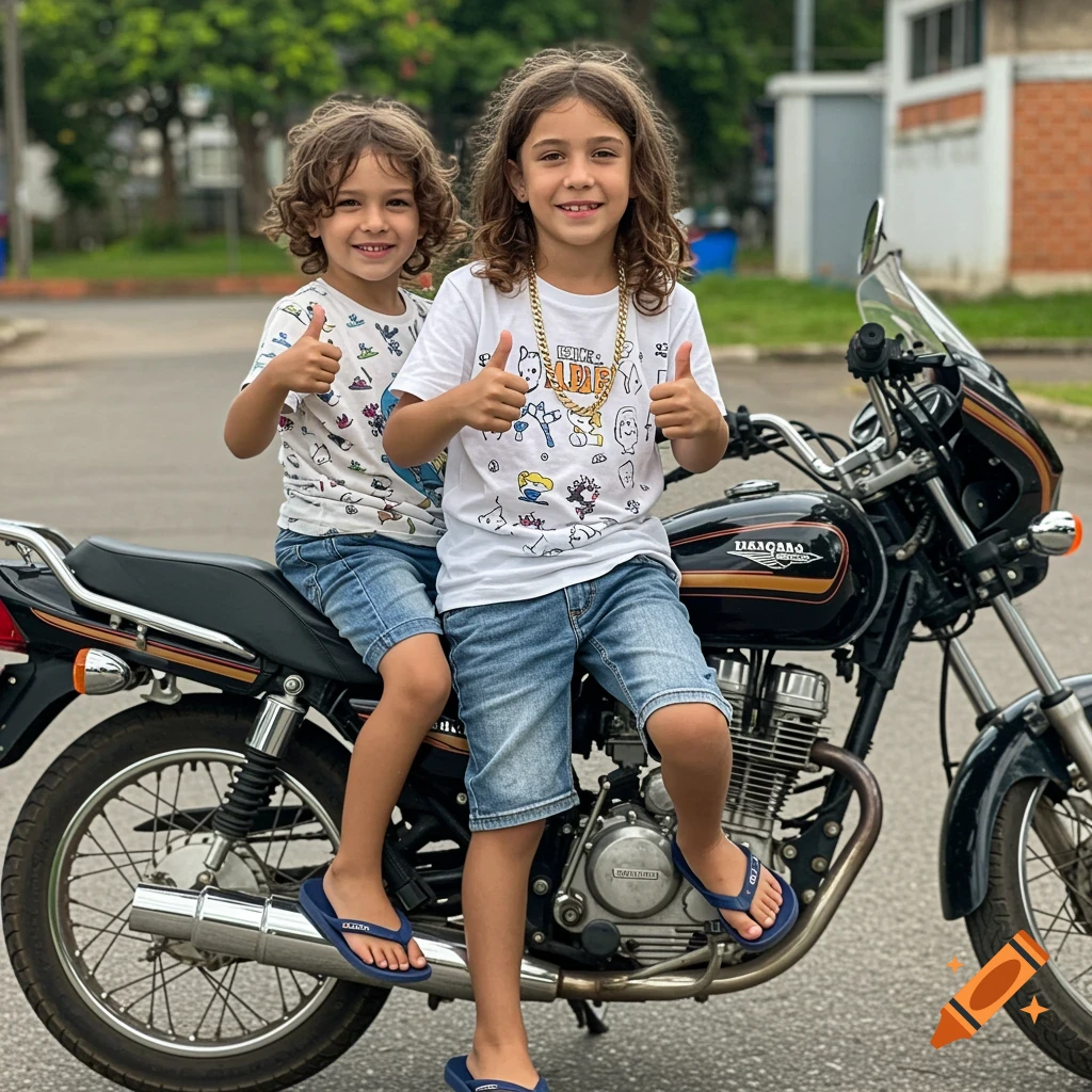 Brazilian boy sitting on motorcycle with brother on Craiyon