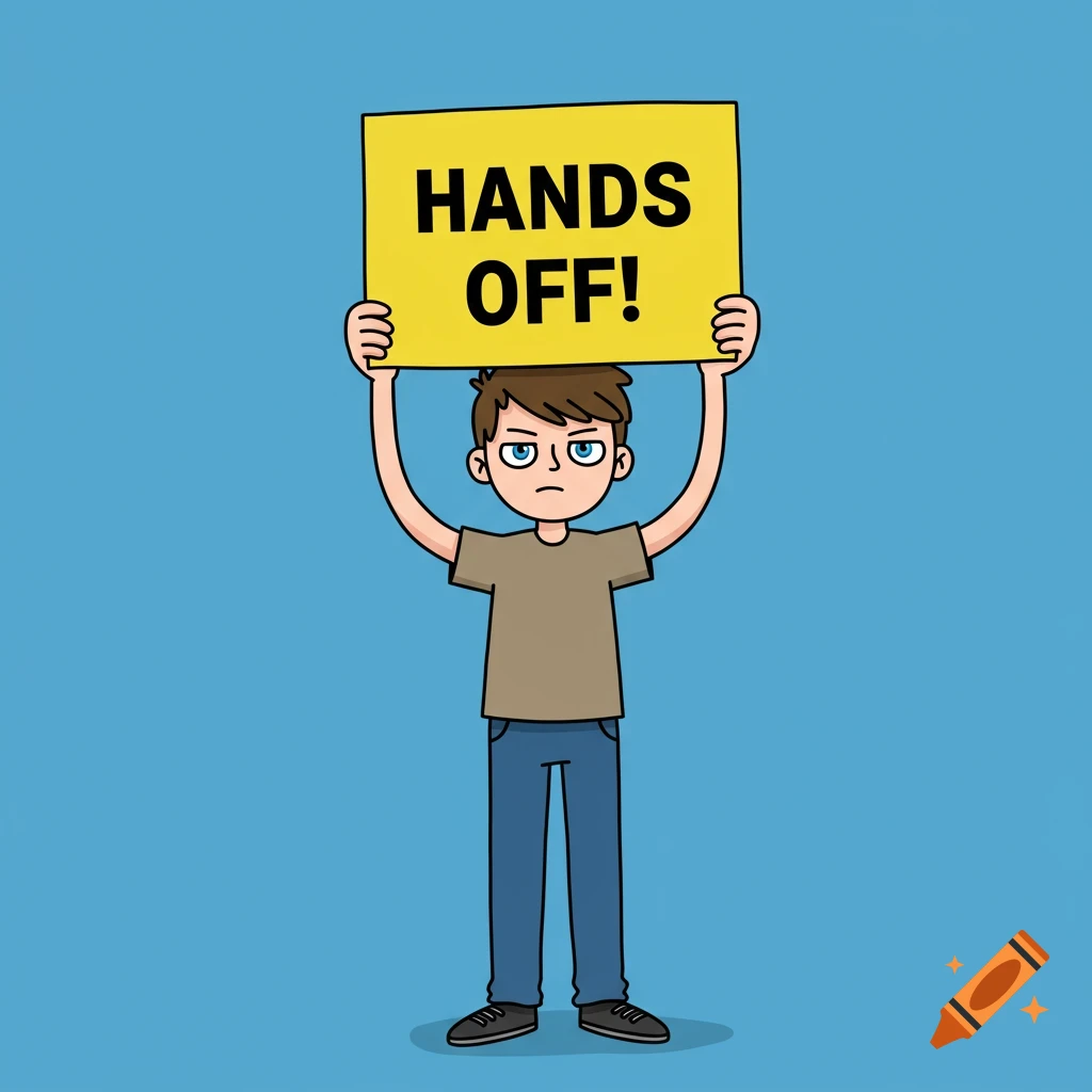 Cartoon character holding a sign that says 'Hands Off!' on Craiyon