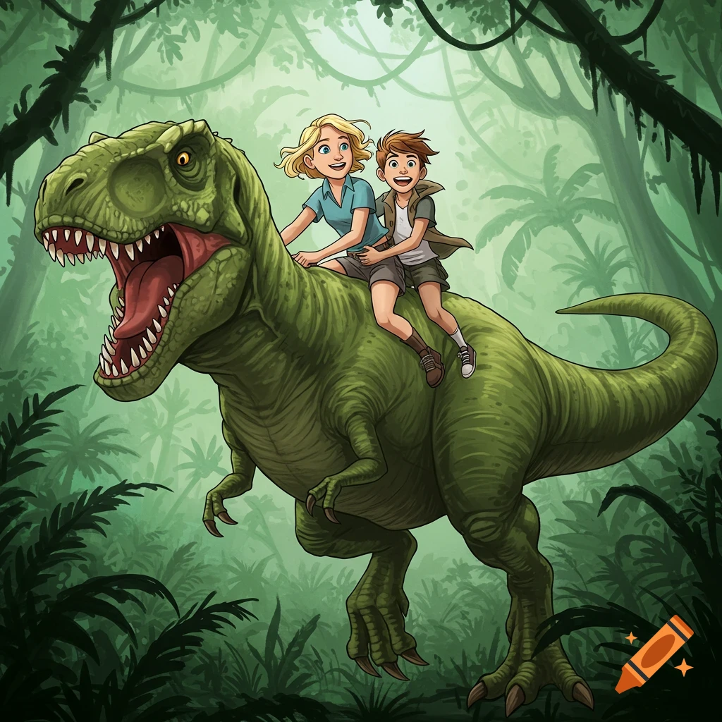Sophie Foster and Dex Dizzney from Keeper of the Lost Cities riding a T-Rex on Craiyon