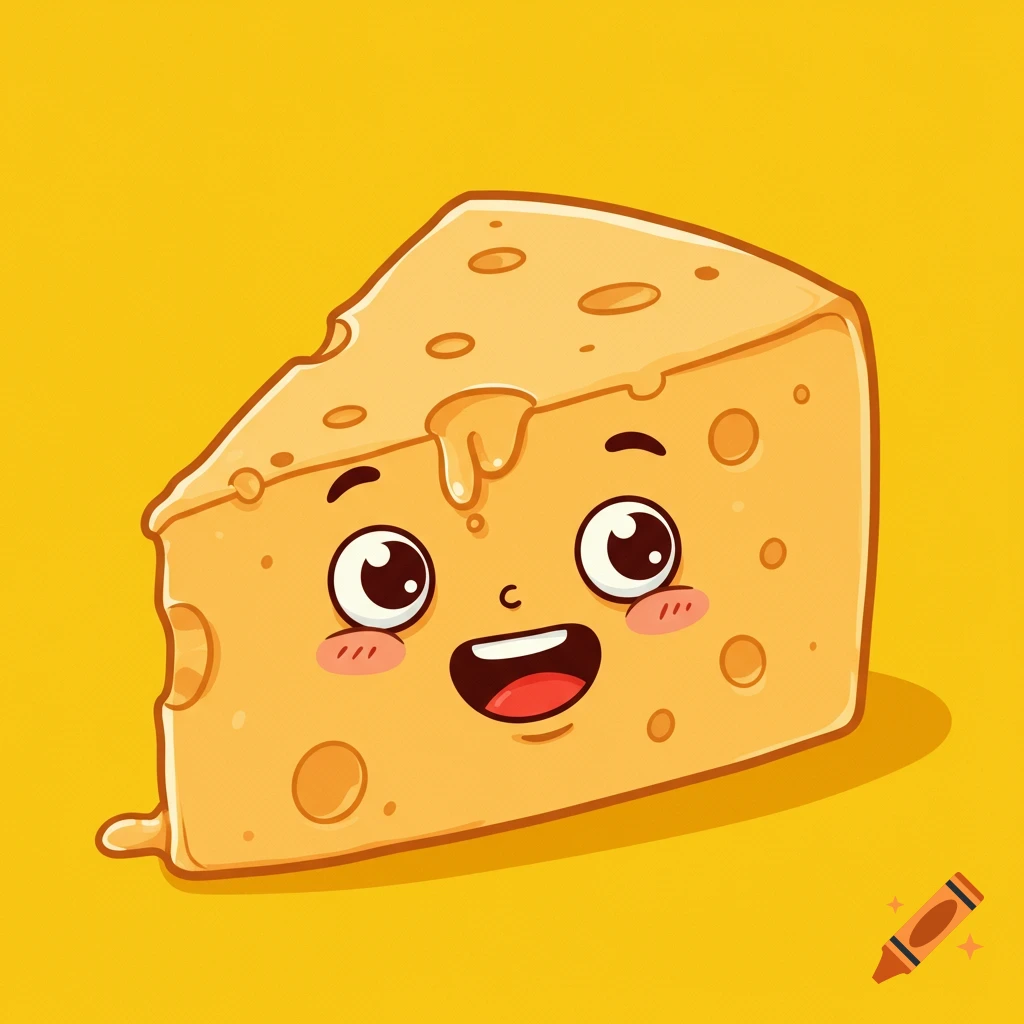 Cartoon slice of cheese with a cute face smiling on a yellow background. on Craiyon