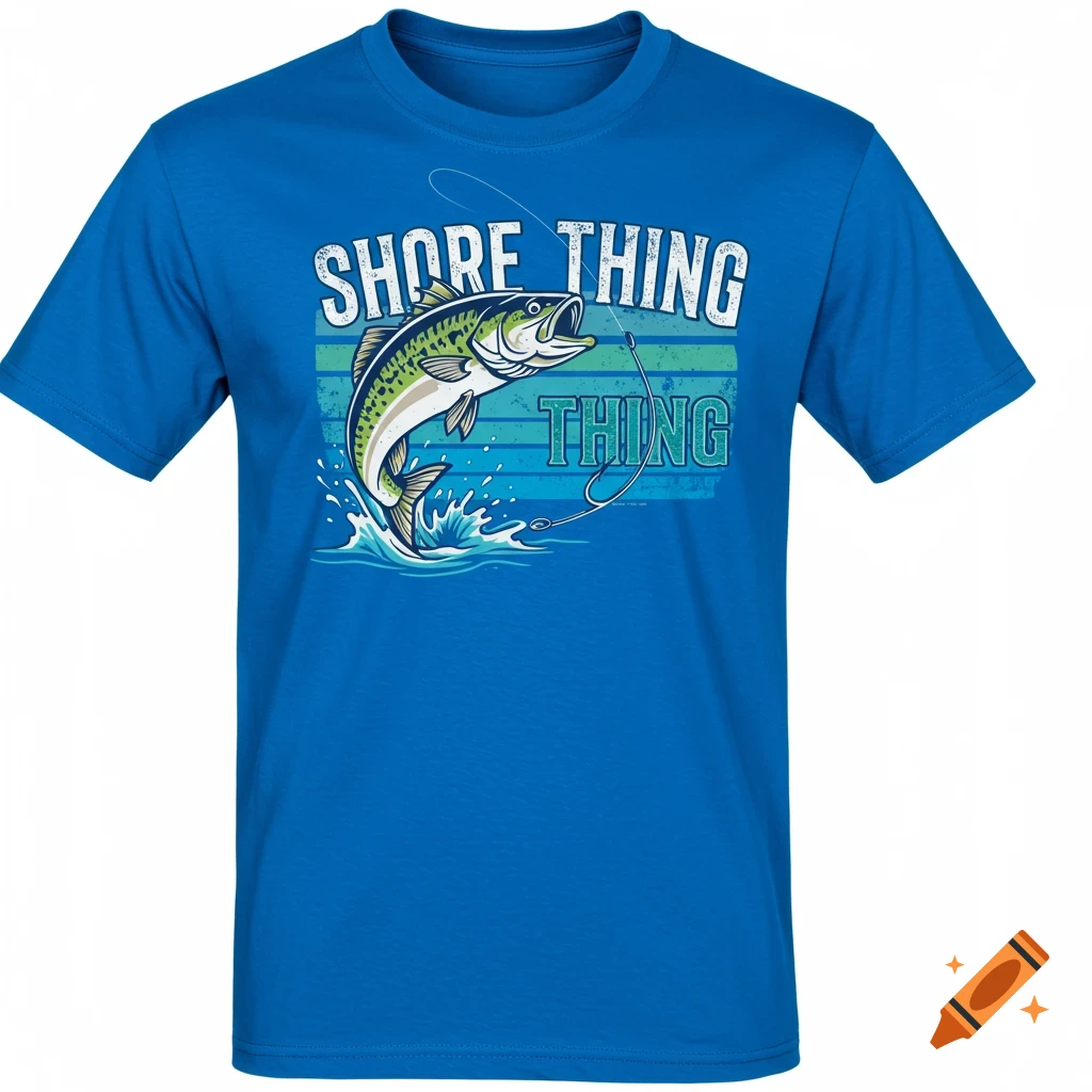 Blue t-shirt with a graphic of a fish jumping out of water, attached to ...