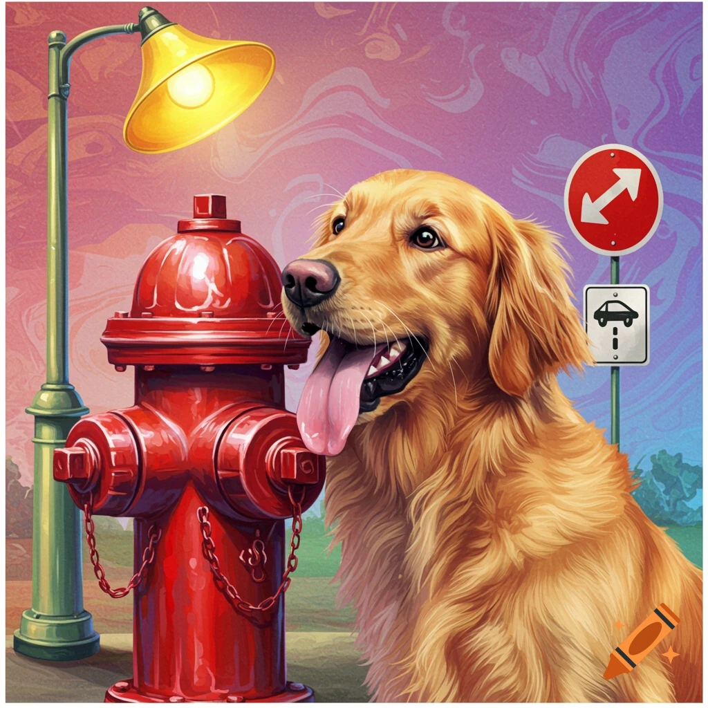 A Golden Retriever licks a red fire hydrant in a vibrant, surreal style ...
