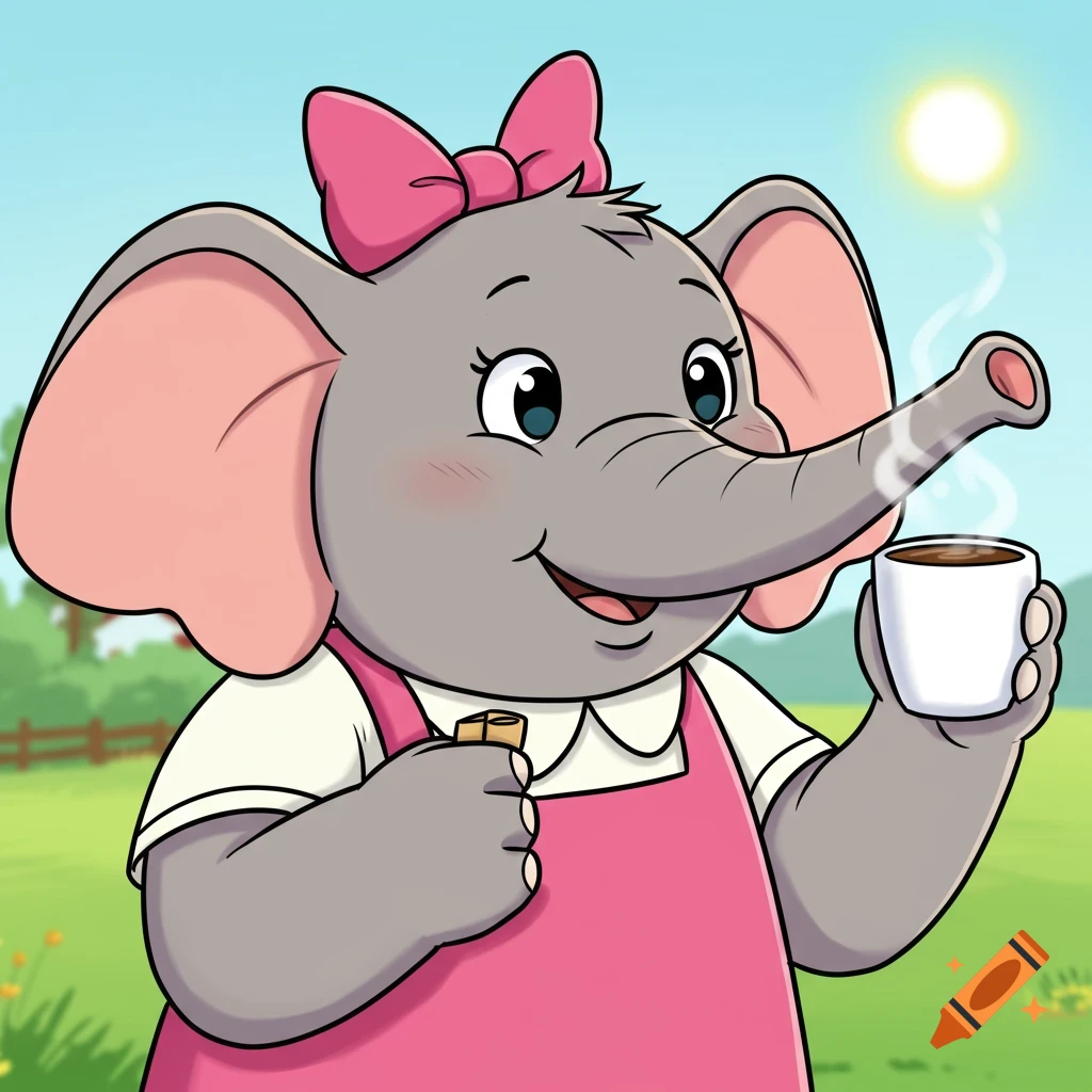 Cartoon drawing of Tree Trunks the elephant with coffee on Craiyon