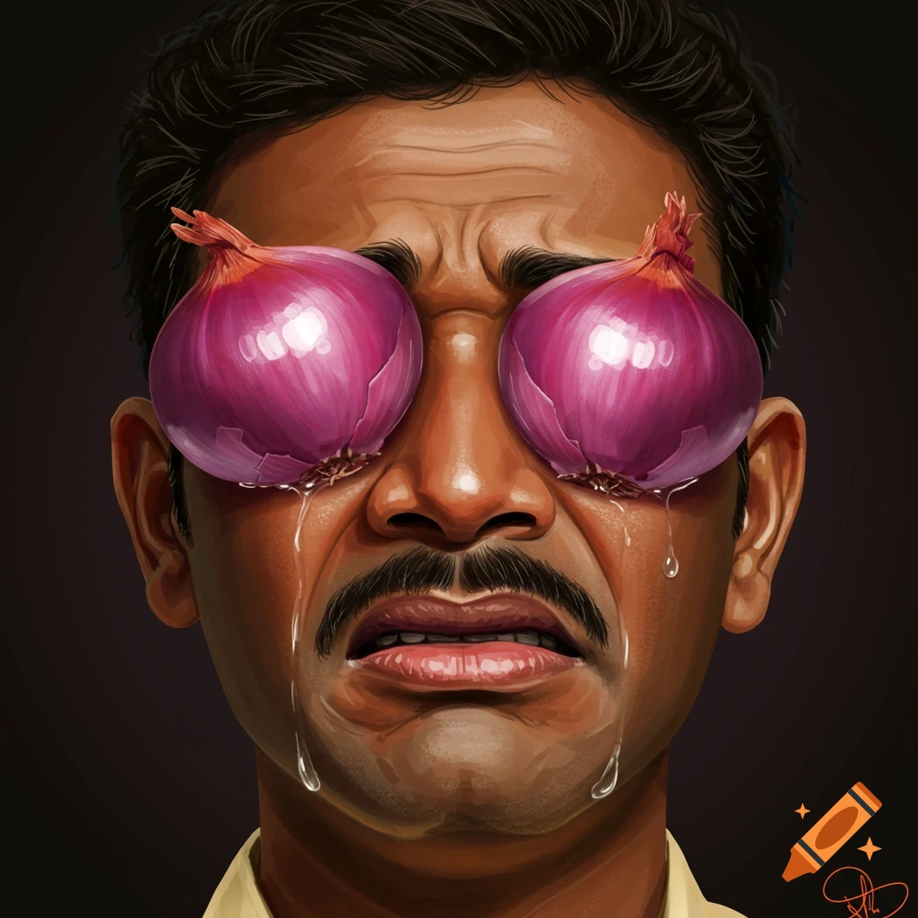 Indian man crying with onions on his eyes on Craiyon