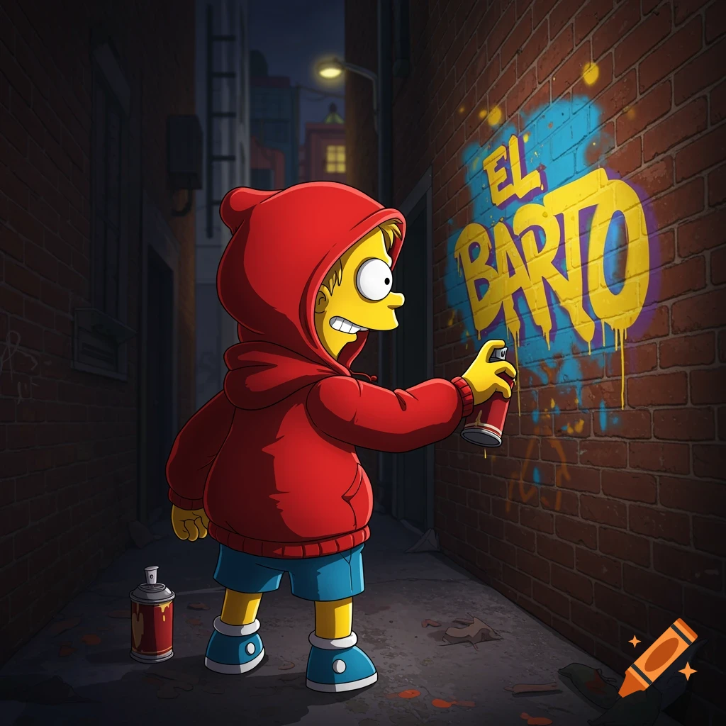 Bart Simpson spraying El Barto graffiti in alley on Craiyon