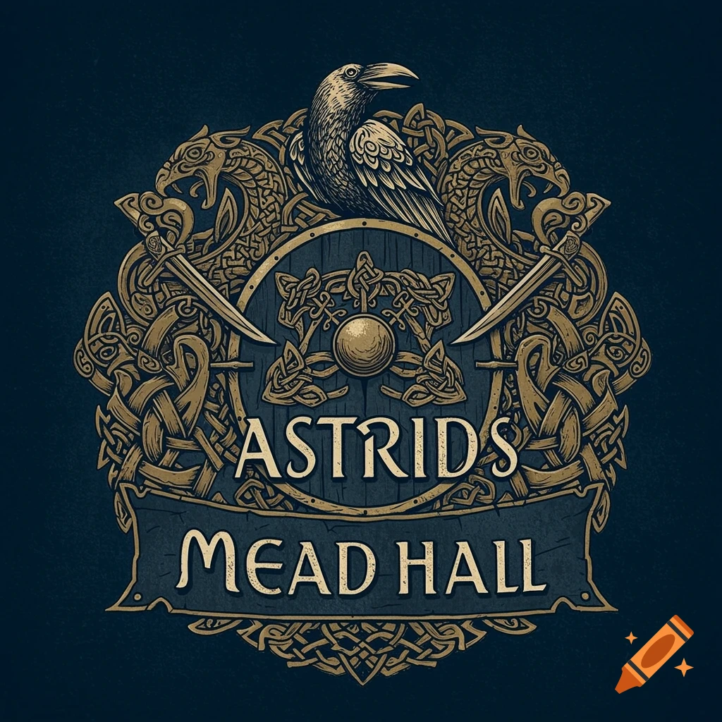 Viking style logo with raven, knotwork, swords, shield, and text ...