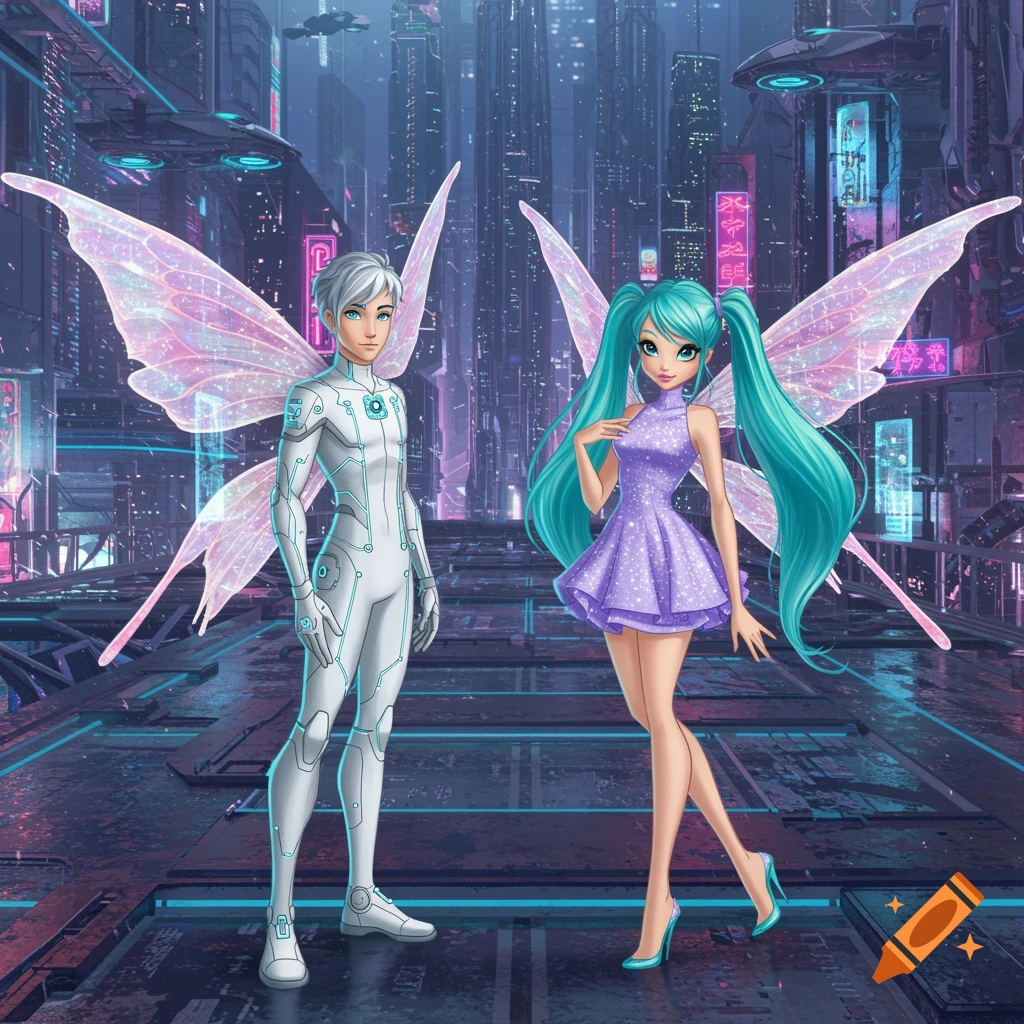 Two cartoon fairies, a boy and a girl, with iridescent wings, stand in ...