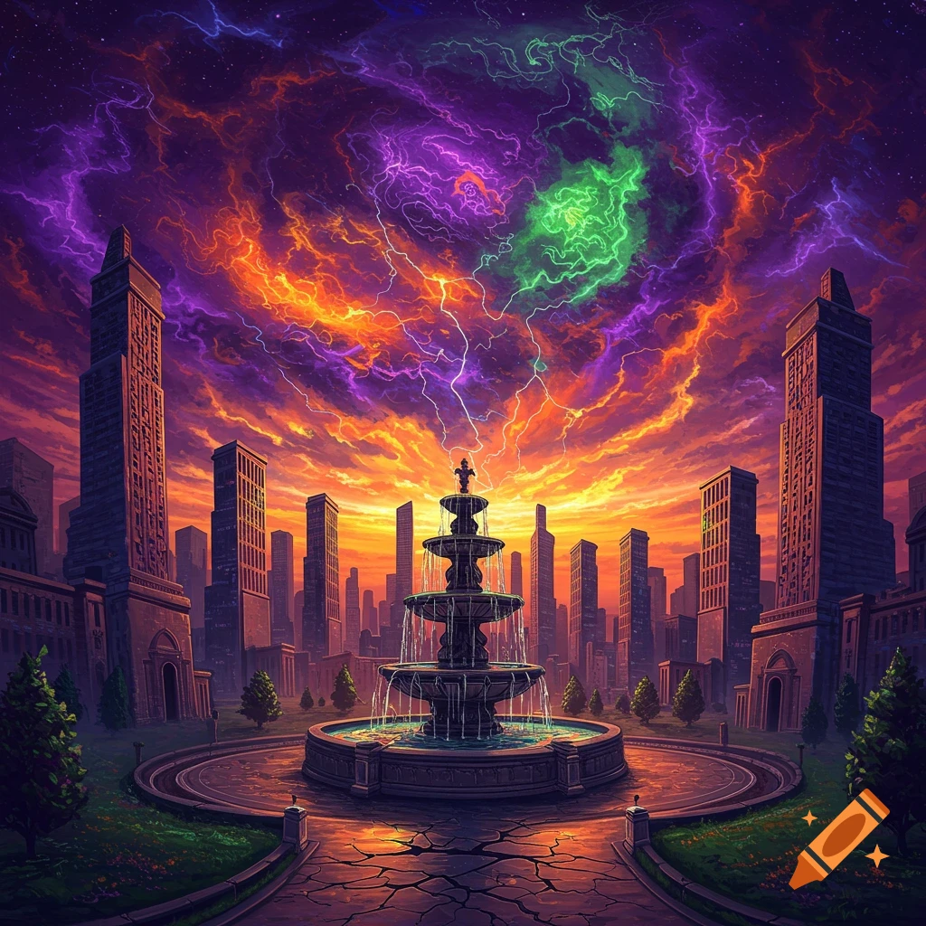 Psychedelic cityscape with fluid, rippling buildings and fractal neon clouds on Craiyon