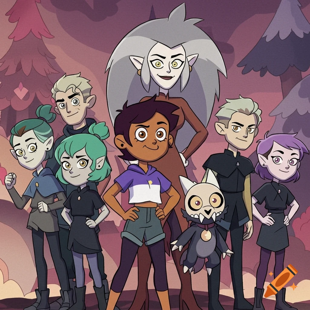 A lineup of cartoon characters standing together against a fantasy ...