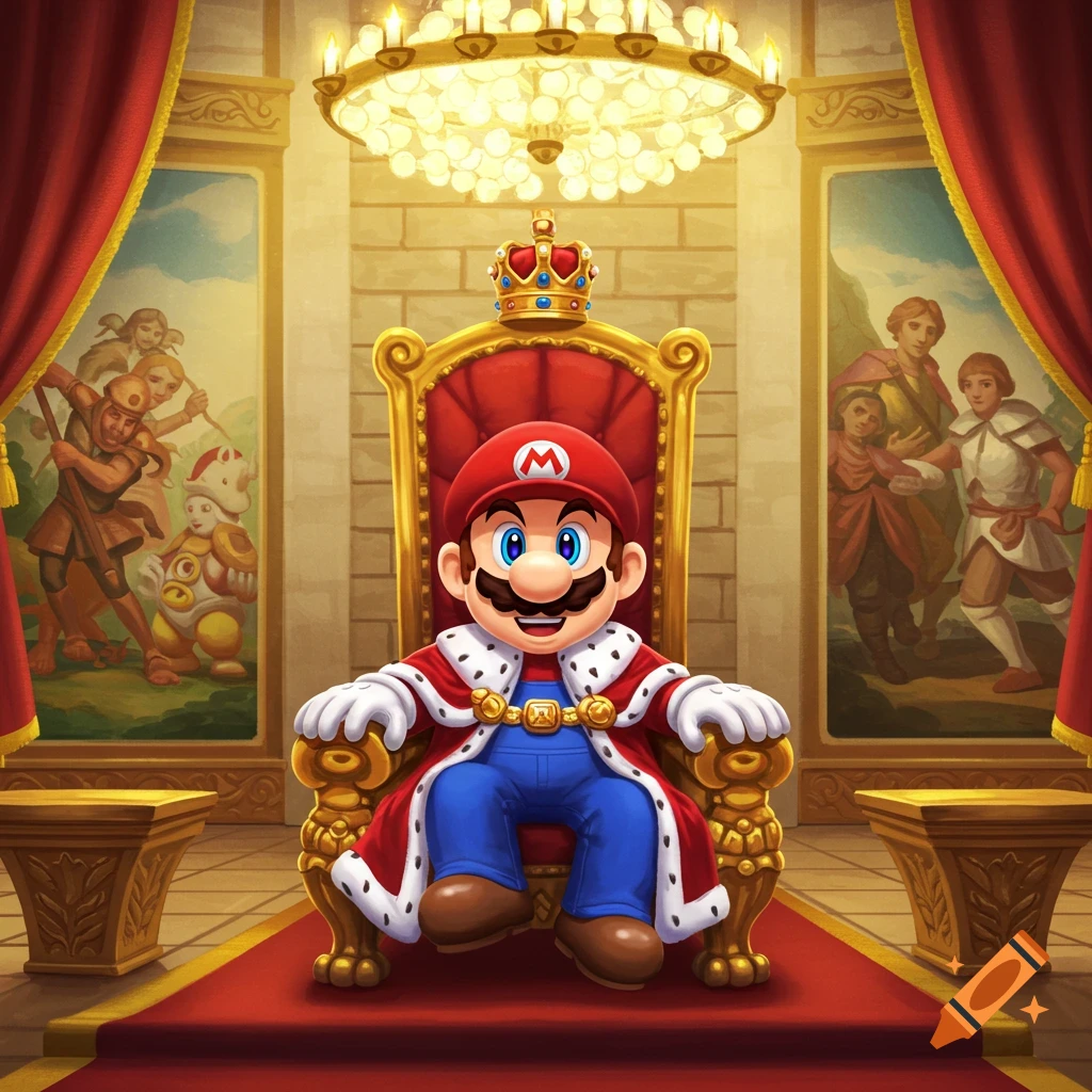 Mario, wearing a crown and royal cape, sits on a golden throne in a ...