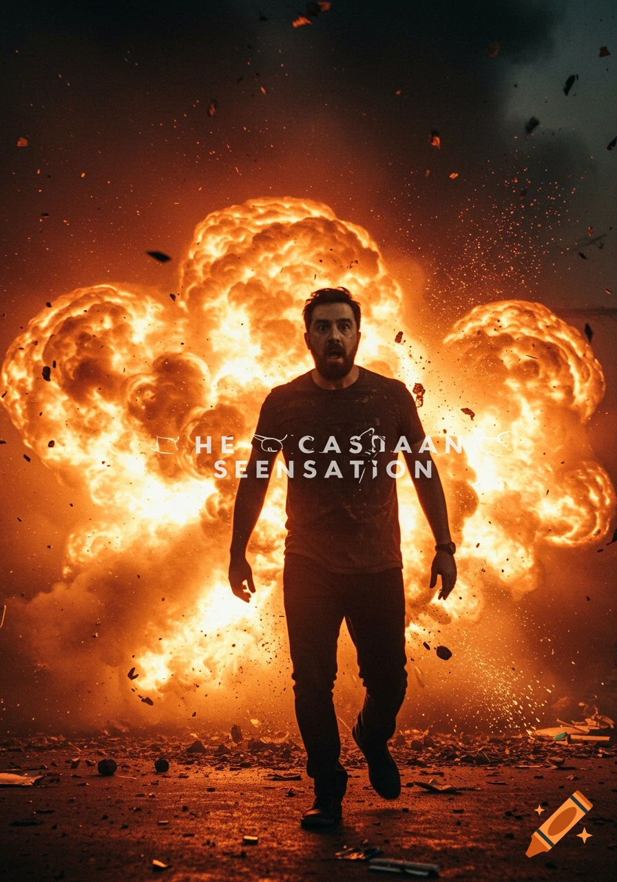 Man walking away from explosion with "The Caucasian Sensation" word art ...