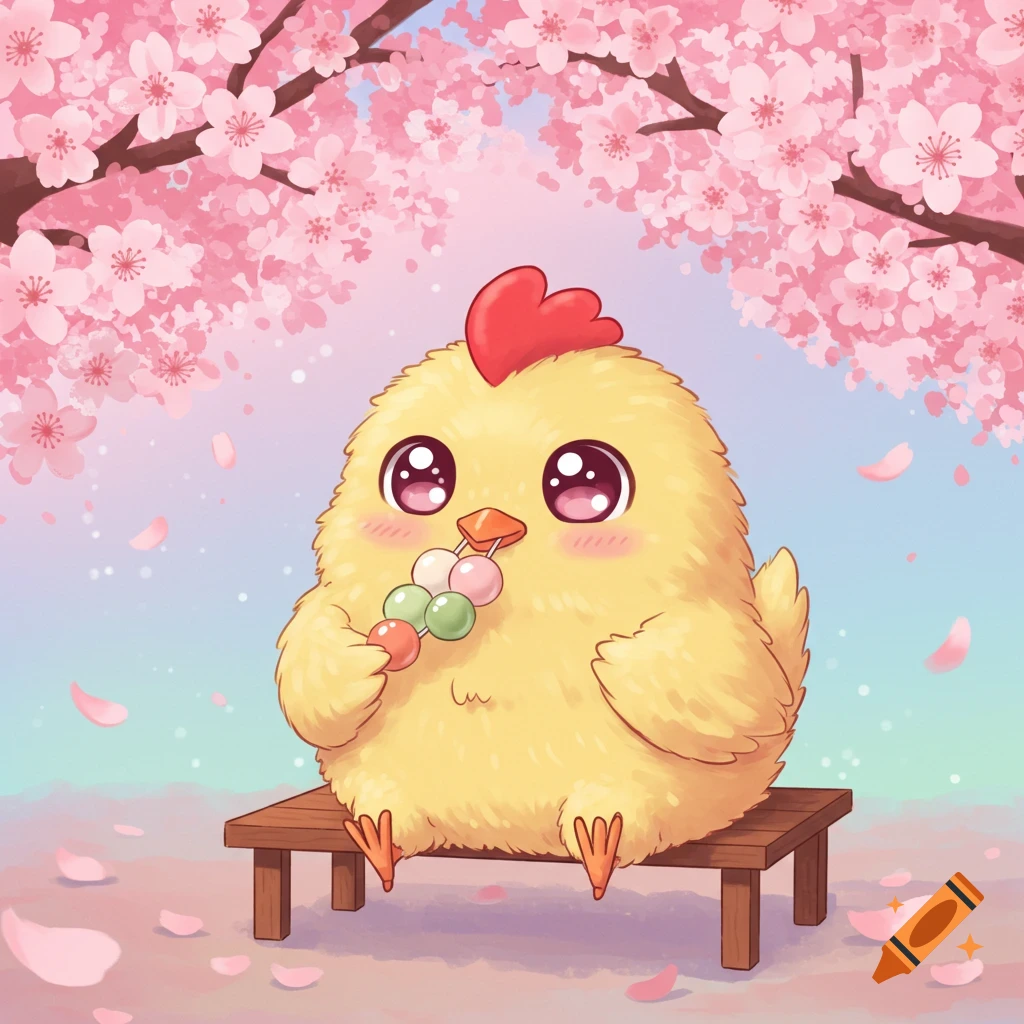 Cute anime chicken eating dango under cherry blossoms on Craiyon
