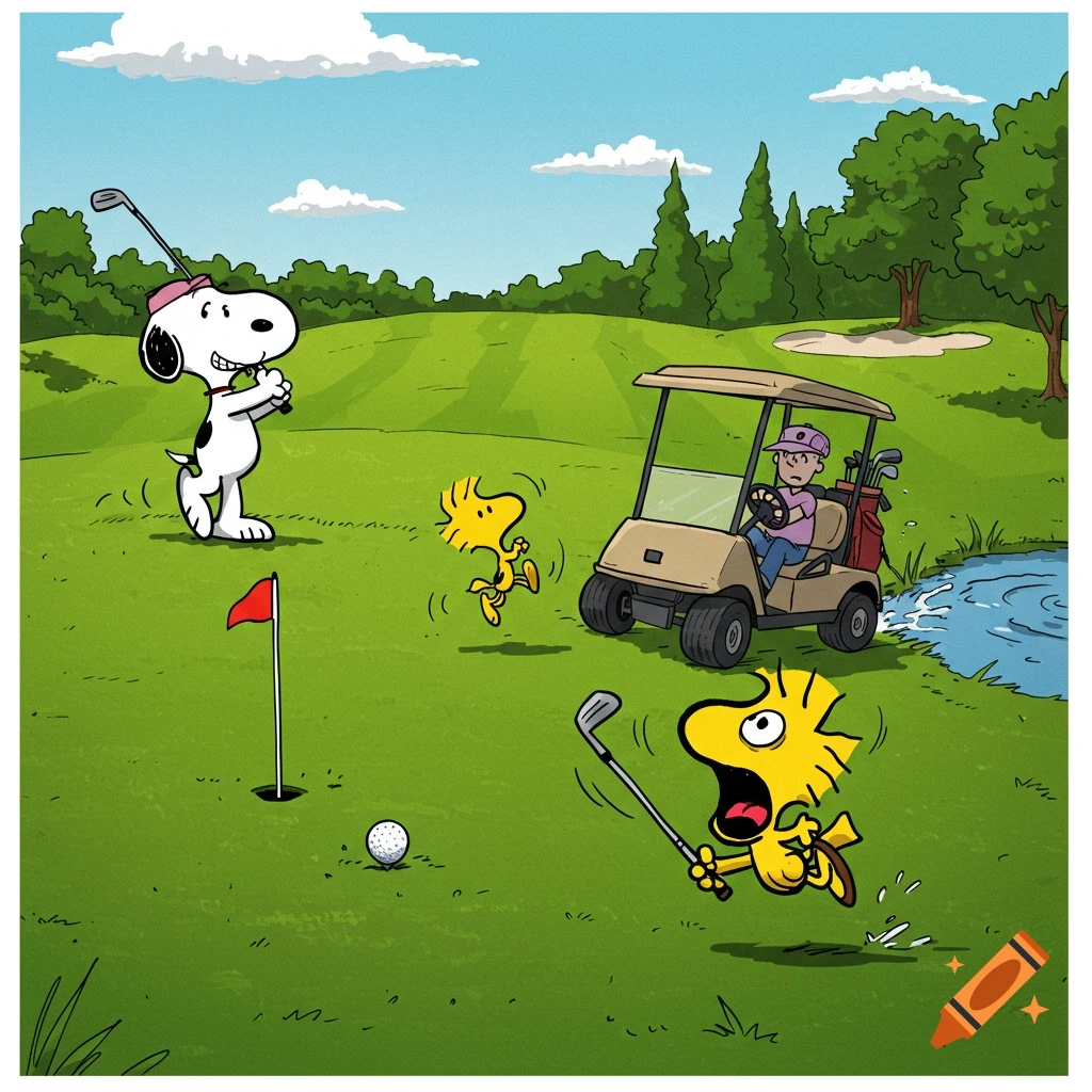 Snoopy swings a golf club as Woodstock erratically drives a golf cart ...