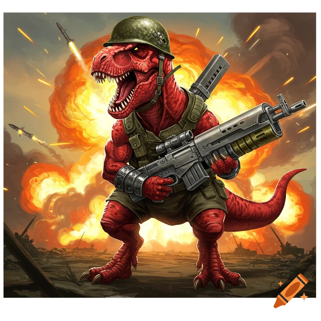 A red T-Rex in military gear holding a gun, with rockets and an explosion in the background. on ...