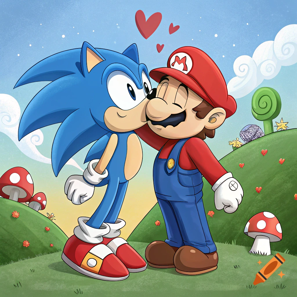 Sonic blasts energy at a surprised Mario in a colorful cartoon ...