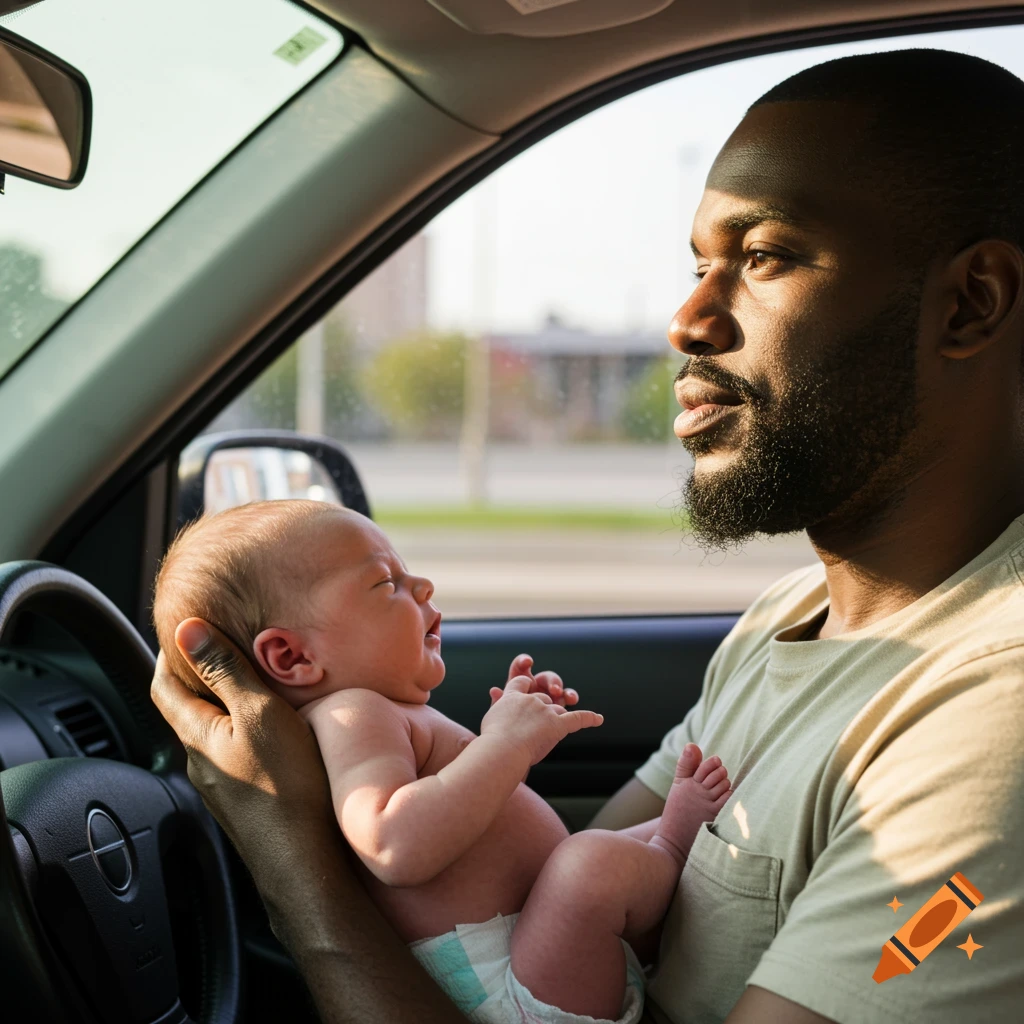 A Black man gently holds a baby in a car seat, sunlight streaming in. on Craiyon
